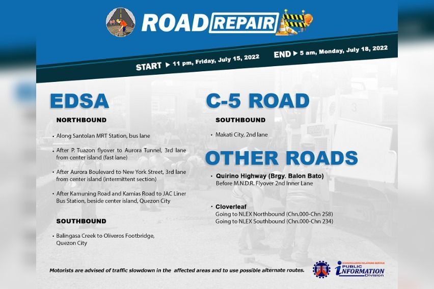 ADVISORY: DPWH to conduct road repairs in NCR until Jul. 18