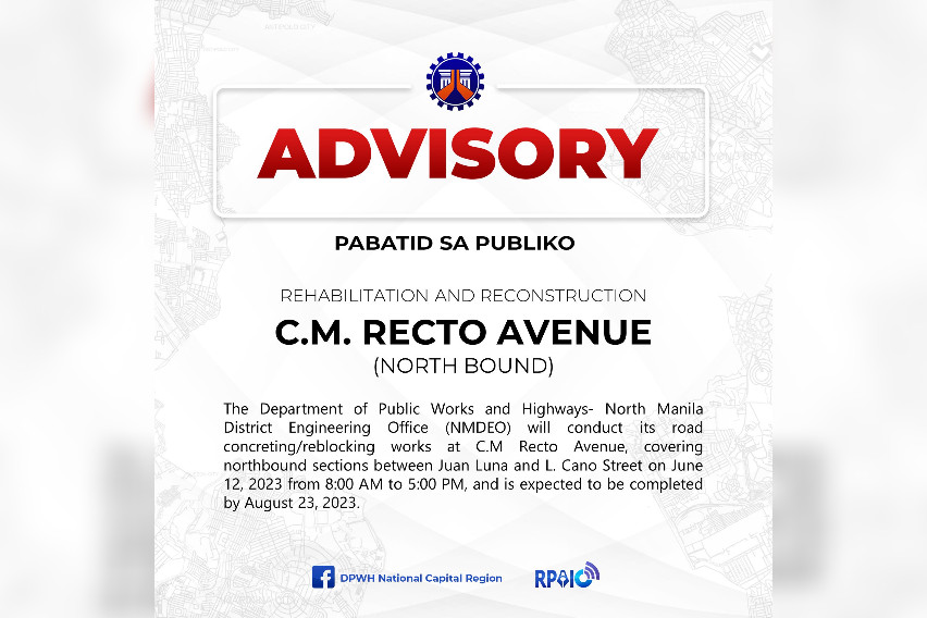 ADVISORY: DPWH undertakes concreting, reblocking on CM Recto Ave.